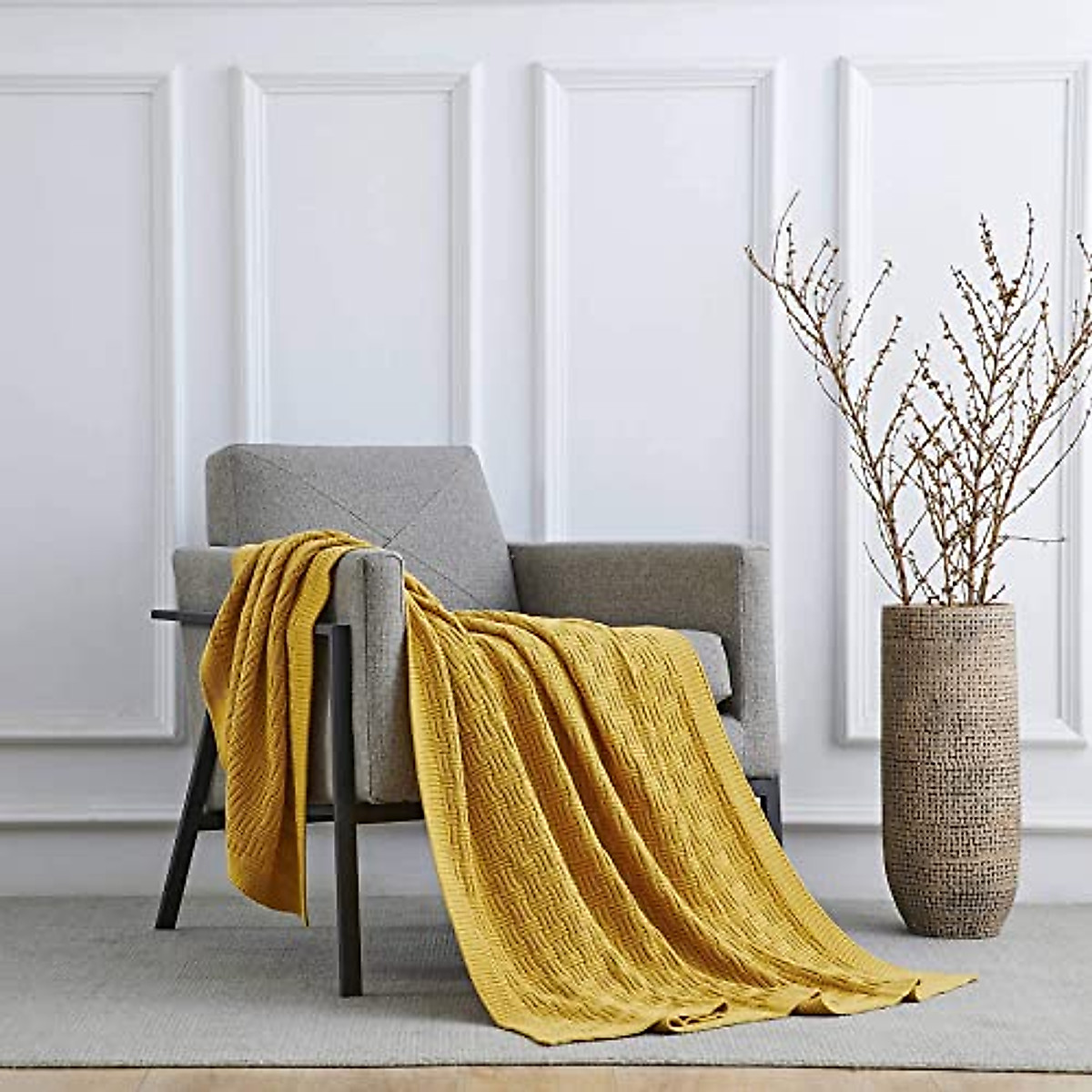 100% Cotton Navy Blue Cable Knit Throw Blanket with Bonus Laundering Bag - Large Thick, 2.5 Pounds,Extra Cozy, Machine Washable, Comfortable Home Decor (Mustard Yellow Stripe Pattern, 60"x80")