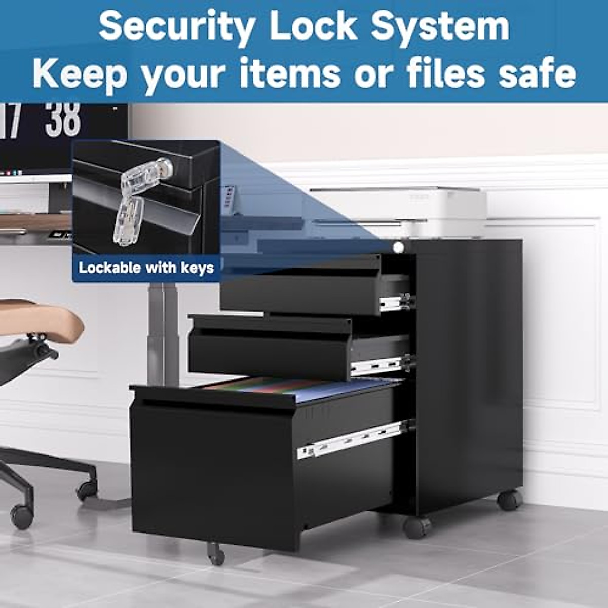 AFAIF 3 Drawer Mobile File Cabinet with Lock, Rolling File Cabinet for Home Office, Under Desk Small File Cabinet, Metal Vertical Black Filing Cabinet for Legal/Letter/A4 File, Not Assembled