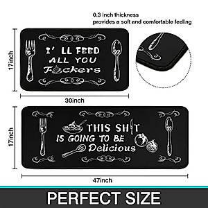Faptoena Black Kitchen Rugs and Mats Sets of 2, Funny Kitchen Decoration Rubber Backing Non-Slip Absorbent Mats for Sink Waterproof Runner Rug for Laundry Room 17x30+17x48inch