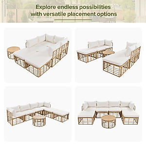 7 Pieces Outdoor Patio Furniture Sectional Sofa Set with Coffee Table, All-Weather Rattan Conversation Set with Thick Cushions and Pillows for Garden Backyard Balcony, Freely Combined (Beige-7S)