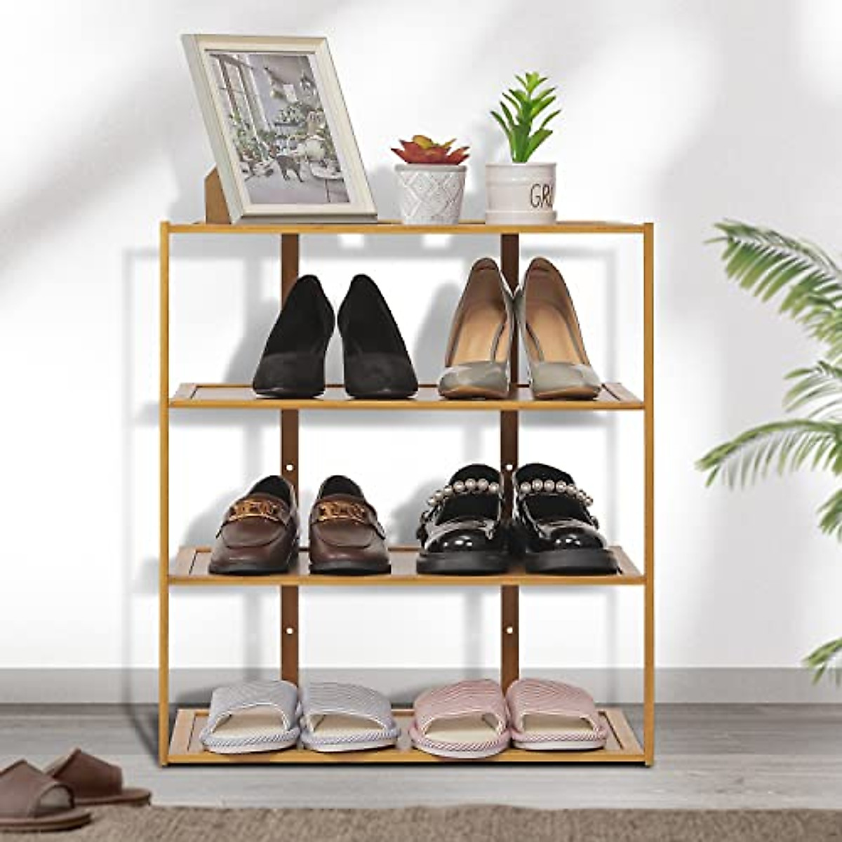 MoNiBloom Bamboo 4 Tier Shoe Rack Vertical Shoe Storage Sheld Stand Space Saving Shoe Organizer for 11-15 Pairs Small Spaces Corner Bedroom Living Room, Brown
