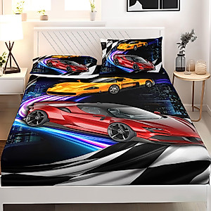 AILONEN Racing Car Fitted Sheet Set Twin XL Size,Black and White Grid Bed Sheet Set for Kids Boys Teen,3 Pieces Extreme Games Race Car Sheet Set for Room,1 Fitted Sheet with 2 Pillowcases