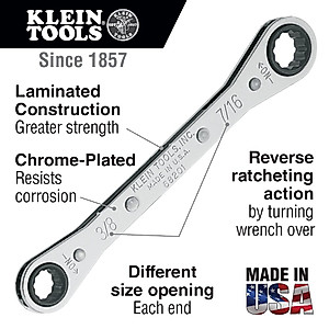 Klein Tools 68201 Ratcheting Box Wrench, Made in USA, 3/8-Inch x 7/16-Inch with Reverse Ratcheting and Chrome Plated Finish