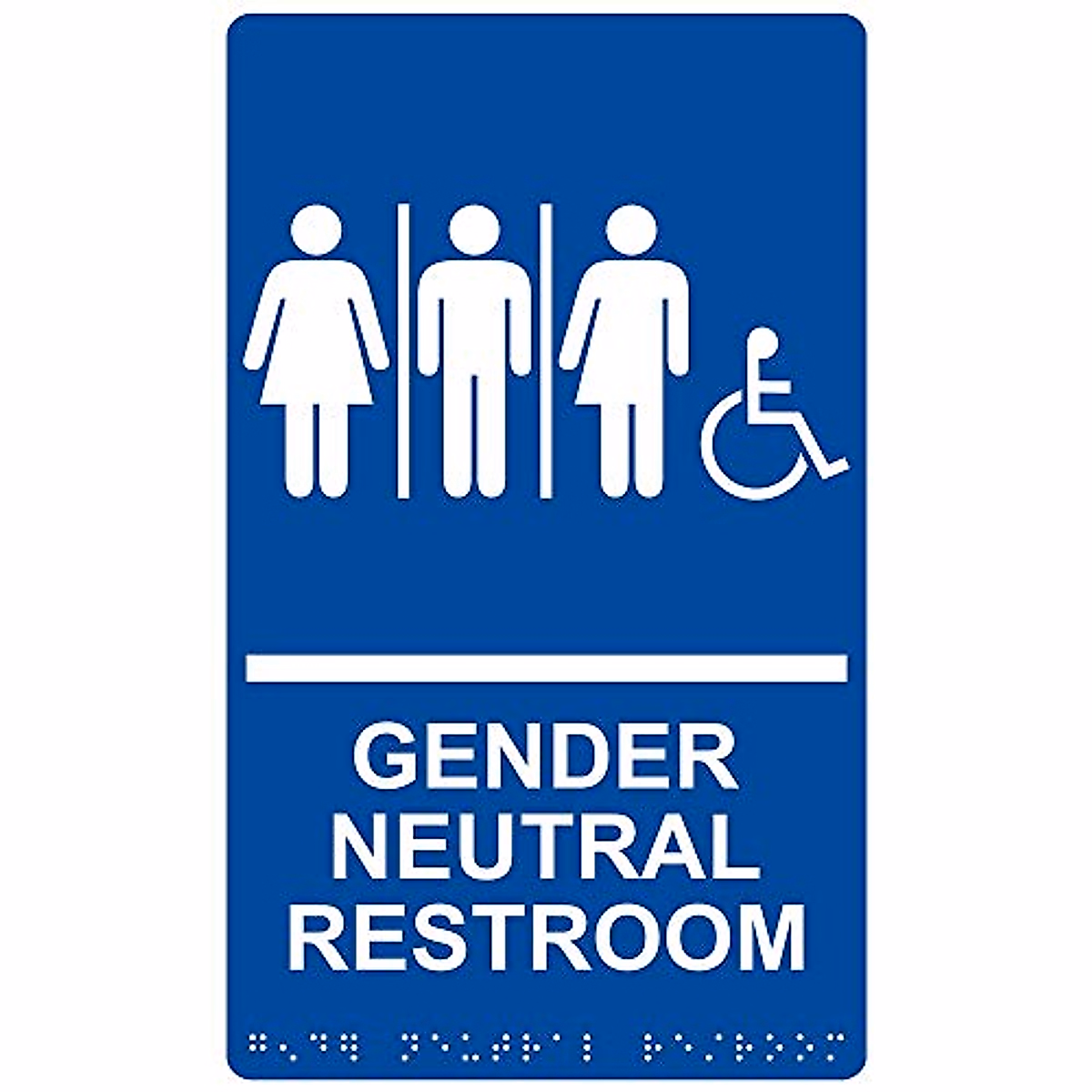 ComplianceSigns.com Gender Neutral Restroom Sign, ADA-Compliant Braille and Raised Letters, 11x6 inch Blue Acrylic with Adhesive Mounting Strips