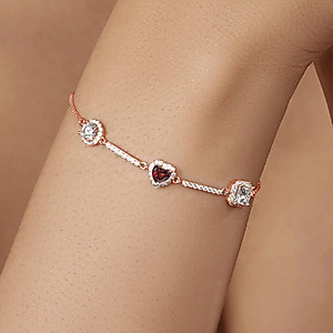 Gem Stone King Keren Hanan Round Heart Princess Cut G-H Lab Grown Diamond Red Garnet Created Moissanite 18K Rose Gold Plated Silver Tennis Bracelet For Women (2.11 cttw, Fully Adjustable Up to 9 Inch)
