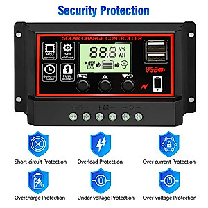 2Pcs 30A Solar Charge Controller, Black Solar Panel Battery Intelligent Regulator with Dual USB Port 12V/24V PWM Auto Paremeter Adjustable LCD Display
