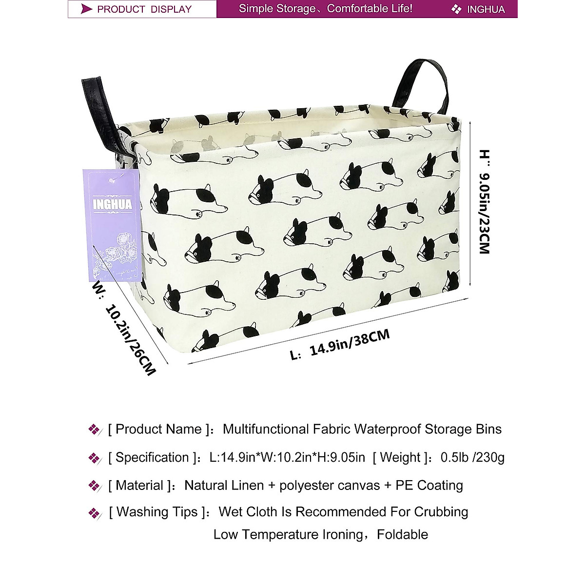 INGHUA Rectangular Storage Basket Fabric Organizer Bin for Toys,Books,Clothes,Gifts,Pets-Perfect for Home,Office,Nursery,Dorm,Shelf(Rec Bulldog)