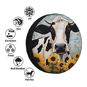 Cow with Sunflower Spare Tire Covers for Trailer Camper Rv SUV Truck Travel,Psychedelic Fantasy Tire Covers Camping Wheel Covers Car Accessories, Universal Fits, 15 inch