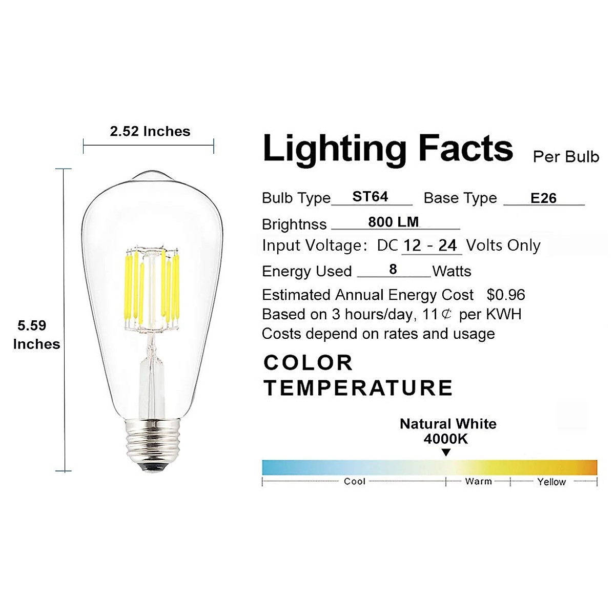 OPALRAY 12V 24V DC Input 8W LED Bulb, ST21(ST64) Style, Dimmable with 12V DC Dimmer, 4000K Bright Neutral White Light, E26 Medium Base Lamp, 80W Incandescent Equivalent, for Low Volt 12V Power, 3 Pack