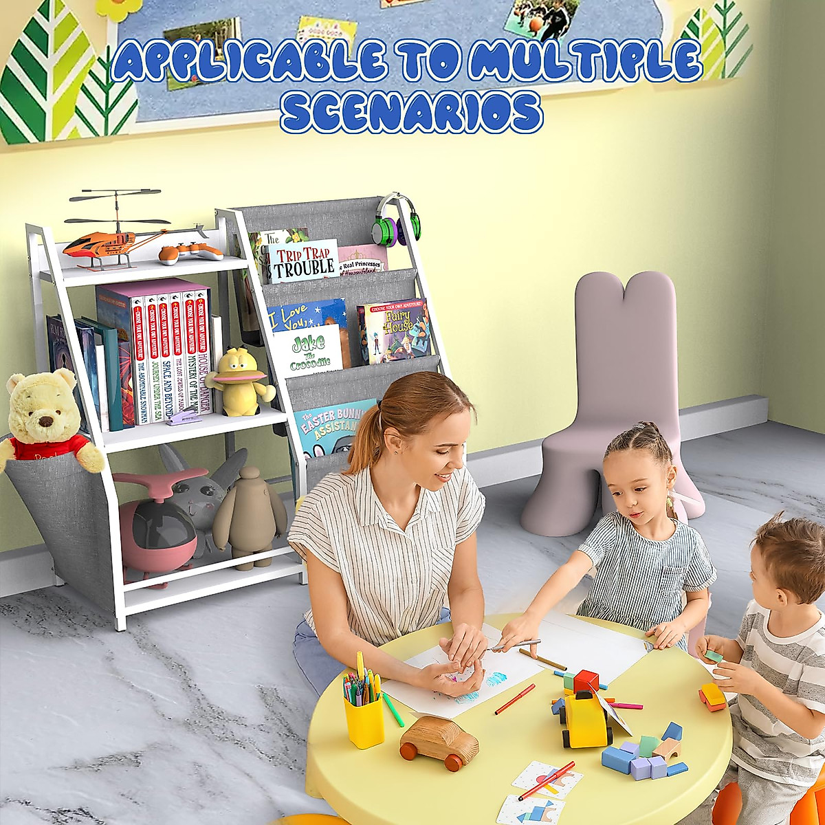 Kids Bookshelf and Toy Storage Organizer, Kids Bookcase, Nursery Book Shelves, Montessori Toddler Bookshelf for Kids, 3-Tier Wooden Kids Bookcase, Children's Bookcase Display for Playroom, Bedroom