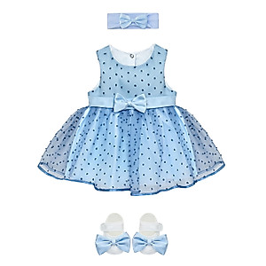 Lilax Baby Girl Lace Sleeveless Dot Tulle Dress Pageant 3 Piece Party Wedding Outfit (3-6 Months, Blue)