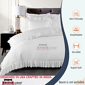 eBeddy Linens Ruffle White Solid Duvet Cover Set Super King 98x108 Size Egyptian Cotton Luxury Soft & Breathable Comforter Cover with Hidden Zipper Closer & Corner Ties Durable and Fade Resistant