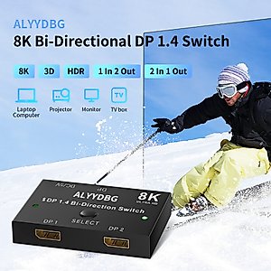 ALYYDBG 8K Display Port Switch, Bidirectional DP 1.4 Switcher Box with One-Click Switching, Supports 2 in 1 Out / 1 in 2 Out; 8K@60Hz, 4K@120Hz, 1080P@240Hz for PC Monitor Laptop
