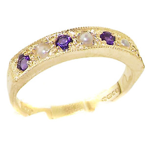 LetsBuyGold Solid 10k .417 Yellow Gold Cultured Pearl and Amethyst Womens Band Ring - Sizes 4 to 12 Available