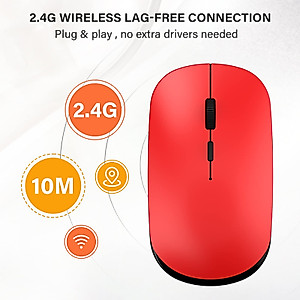 FENISIO Wireless Mouse, 2.4G Optical Cordless Mouse with USB Receiver Ultra Silent Ergonomic LED Mouse, AA Battery Operated, Computer Mouse for PC, Laptop, Desktop, MacBook, Windows (Red)