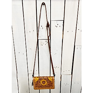 American Darling Womens Tooled Leather Sunflower Crossbody Clutch Purse, Brown