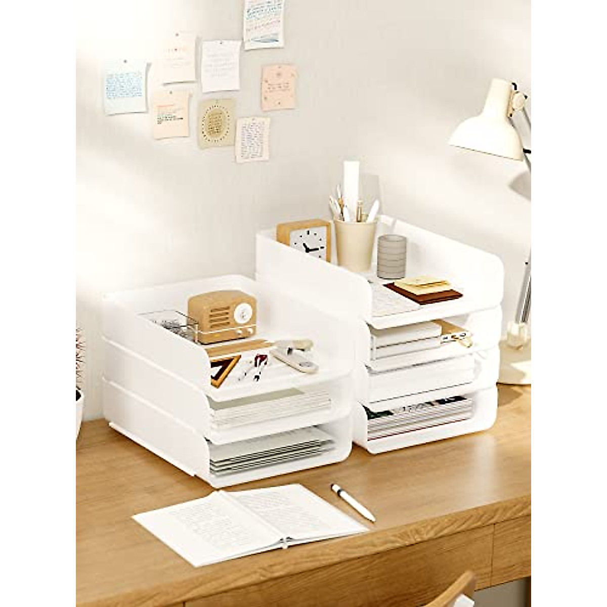 (4pcs Pack) HKeeper Stackable Paper Trays,Letter Tray Organizer,Office Desktop Organizer,A4 Paper Holder,Supplies Magazine,File Documents,Receipts（White）