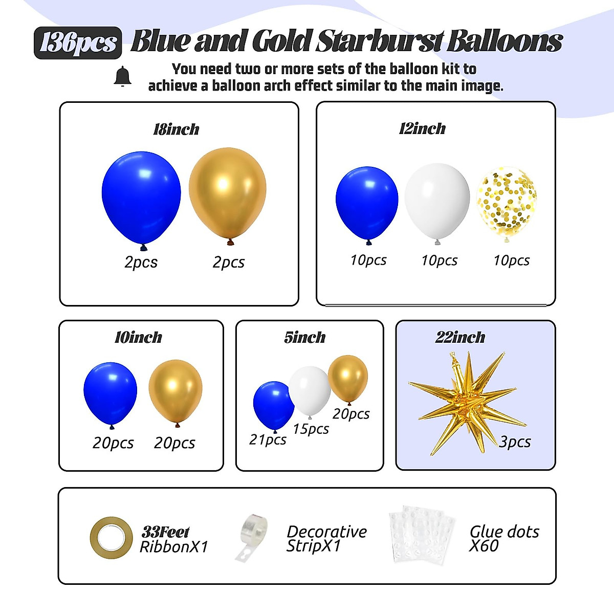 FOTIOMRG 136pcs Royal Blue and Gold Balloons Arch Garland Kit with Star Foil Balloons, 5 10 12 18 inch Navy Blue White and Gold Balloon for Anniversary Wedding New Year Birthday Party Decorations