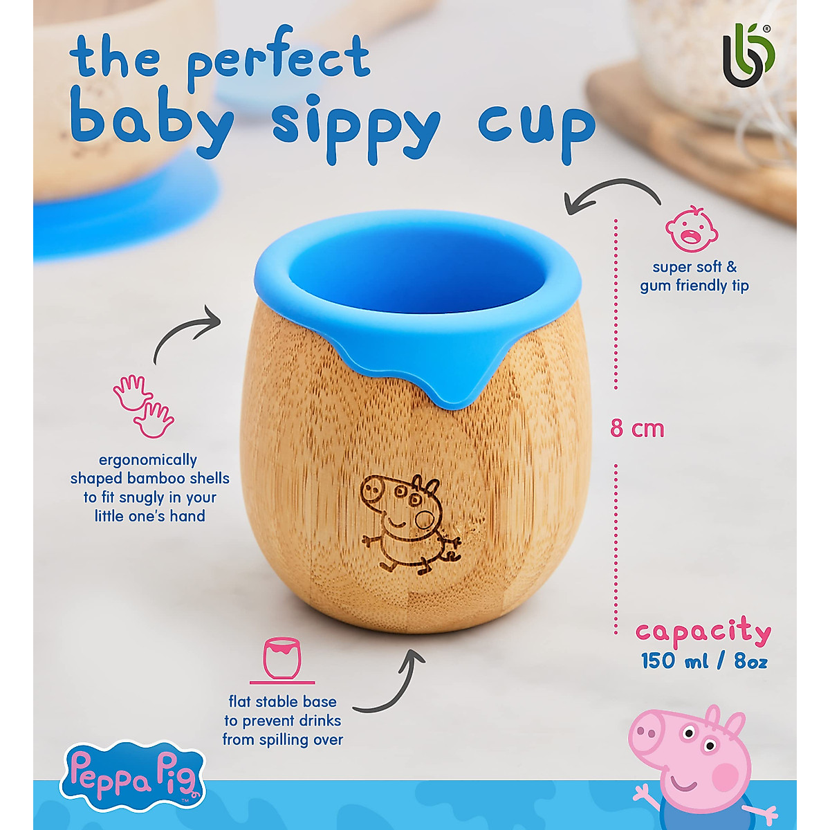 Peppa Pig Toddler Cup for Kids – 150ml Bamboo Cup for Baby with Silicone Liner | Transition Sippy Cup | Snack Cup | Ideal for Baby-Led Weaning | Promotes Drinking and Oral Motor Skills