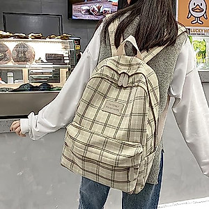 JHTPSLR Light Academia Aesthetic Backpack Plaid Preppy Backpack Teen Girls Book Bags Back to School Backpack Supplies (Beige)