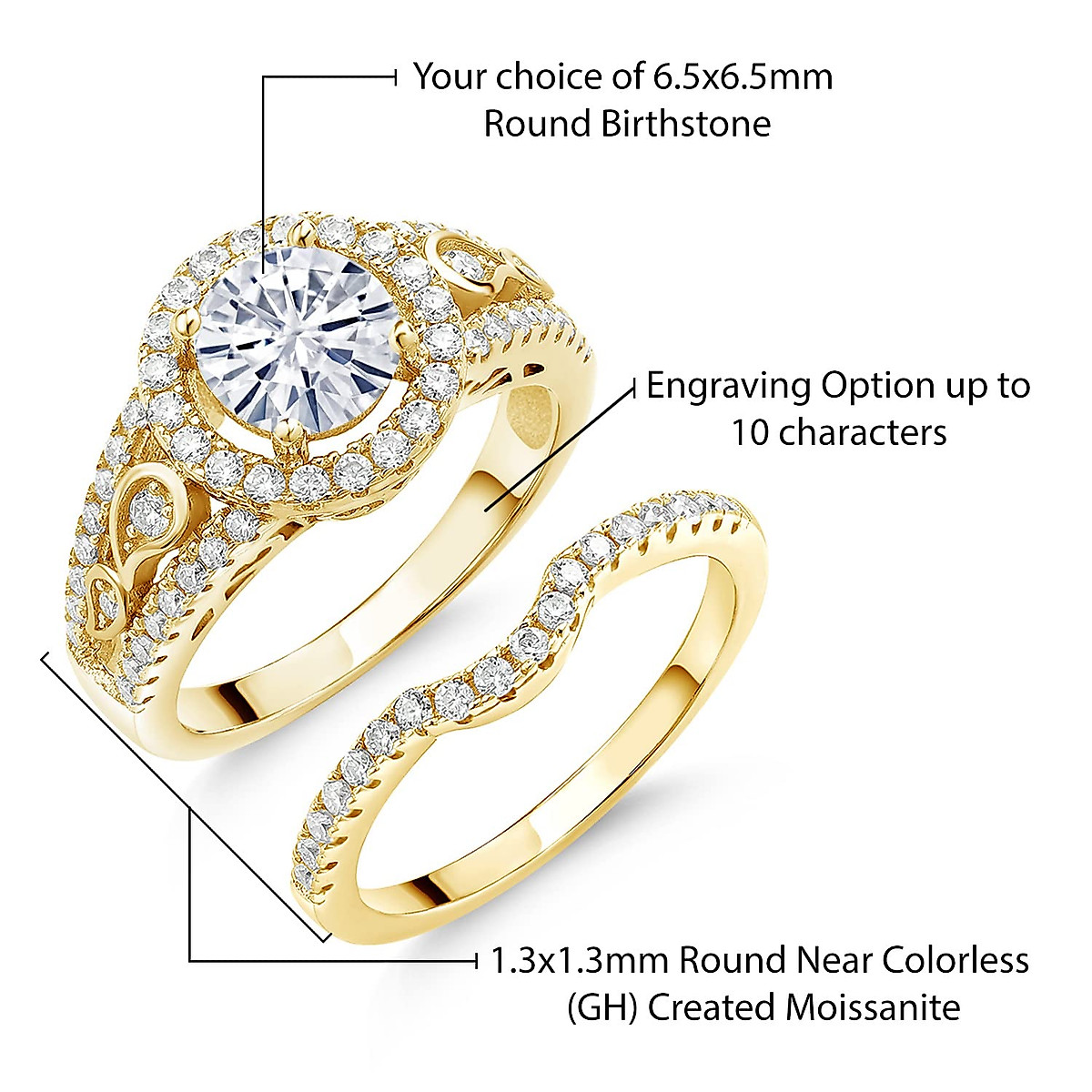 Gem Stone King Build Your Own Personalized and Customized Round Birthstones and Moissanite 18K Yellow Gold Plated Silver Women Wedding Engagement Ring Band Bridal Set (Size 7)
