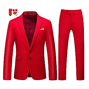 MOGU Mens Slim Fit Suit 2 Piece Tuxedo for Daily Business Wedding Party (Suit Jacket + Pants) US Size Blazer 40/Pants 36 Red