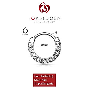 Forbidden Body Jewelry 16g 10mm Rounded Top Pave Clear CZ Tiny Clicker Hoop for Septum and Cartilage Piercings