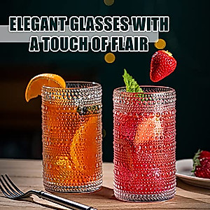 wookgreat Drinking Glasses, 8 pcs Embossed Designed Glass Cups-4 Highball Glasses 15oz & 4 Rocks Glasses 13oz, Mojito Cups, Mixed Drink Cocktail Glass, Bar Glassware for Cocktail, Beer, Whiskey