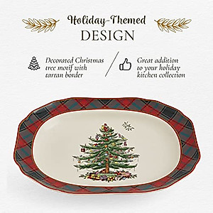Spode Christmas Tree Tartan Rectangular Platter, 14-Inch Large Serving Tray for Meats, Cheeses, and Desserts | Made of Fine Earthenware | Dishwasher and Microwave Safe