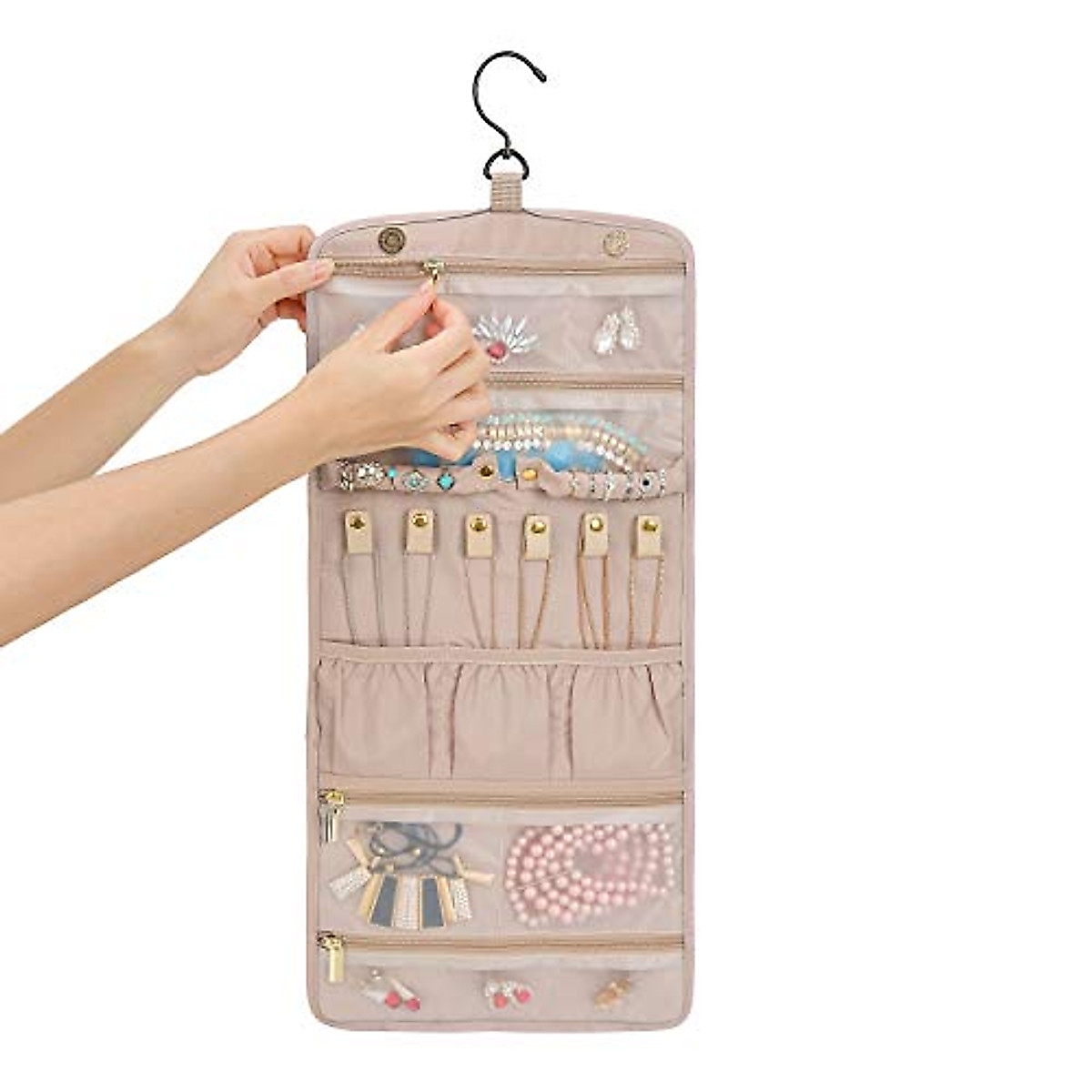 BAGSMART Travel Hanging Jewelry Organizer Case Foldable Jewelry Roll with Hanger for Journey-Rings, Necklaces, Bracelets, Earrings, Soft Pink