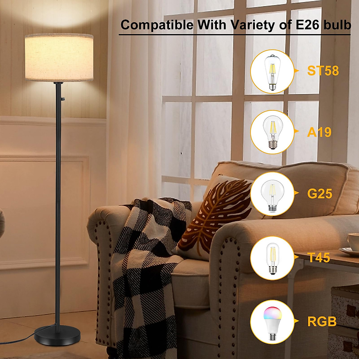 Floor Lamps for Living Room, Stepless Dimmable Standing Lamp, Modern Floor Lamp with Rotary Switch, Beige Linen Shade, 9W Led Bulb Included(1000LM,2700K), Tall Lamp for Bedroom, Office, Farmhouse
