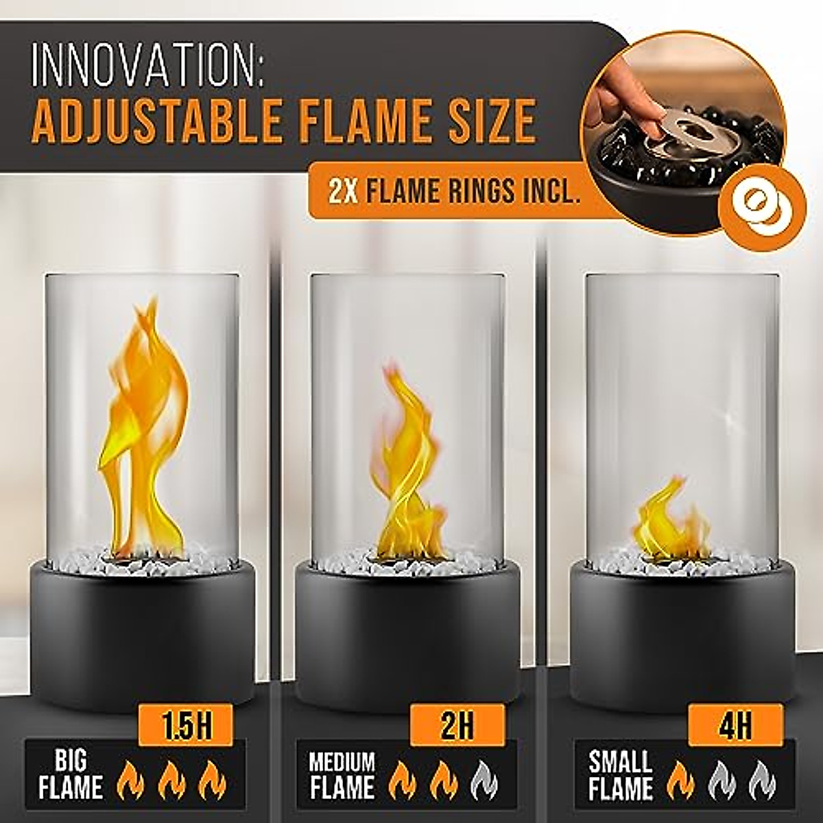 Flammtal Tabletop Fire Pit [4h Burning Time] - Indoor & Outdoor - Ethanol Table Top Fire Pit Bowl with Black & White Stones - Portable Fire Pit with 2 Combustion Chambers - Fire Bowl