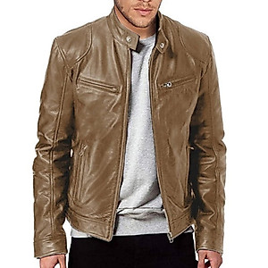 Maiyifu-GJ Men's Faux Leather Biker Jacket Vintage Motorcycle Jacket Outerwear Retro Stand Collar PU Leather Slim Fit Coat (Khaki,Small)