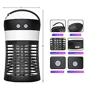 Bug Zapper, Portable LED Flashlight Bug Zapper Lamp, with Solar and USB Rechargeable Battery, SOS Emergency, with 3 Lighting Modes for Camping, Hiking, Backyard , Patio , Office and Traveling