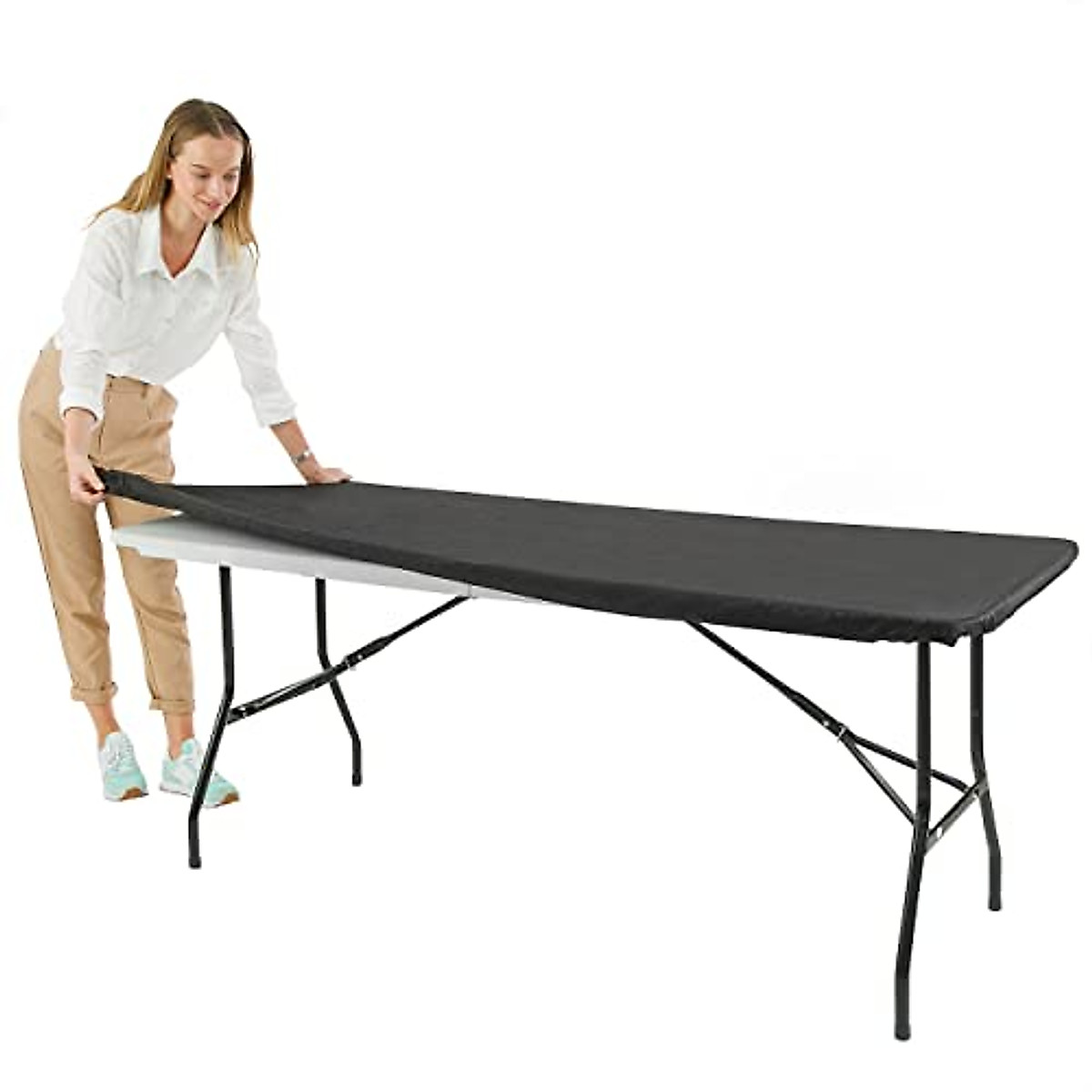 moty Fitted Rectangle Tablecloth for 6 Foot Tables Reusable Elastic Edge Table Cover for Folding Banquet Tables Washable 100% Polyester Fabric with Mitered Corners