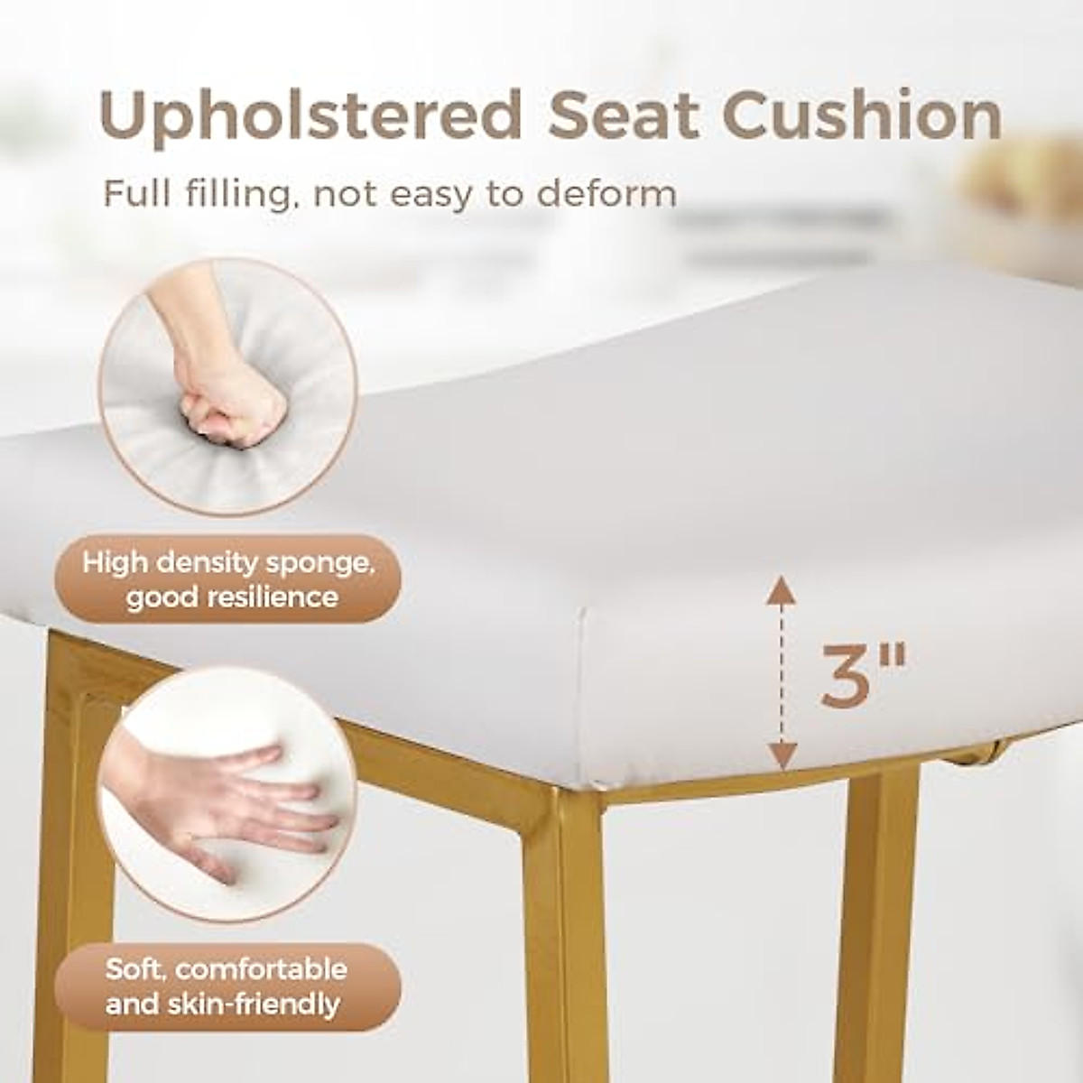 MAISON ARTS White & Gold Bar Stools Set of 4 Counter Height 24 Inches Saddle Stools for Kitchen Counter Backless Modern Gold Barstools Upholstered Faux Leather Stools Farmhouse Island Chairs