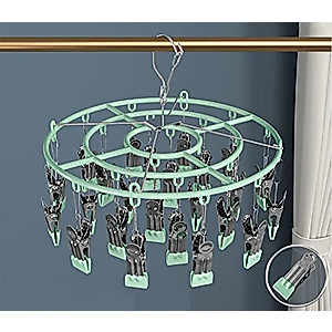 Decohomeforu Stainless Steel Clothes Sock Drying Rack with 24 Clips, Swivel Hook Windproof Clothes Hanger Rack for Sock, Bras, Towel, Underwear, Hat, Scarf, Gloves, Pants Laundry Clothes (Green Clips)