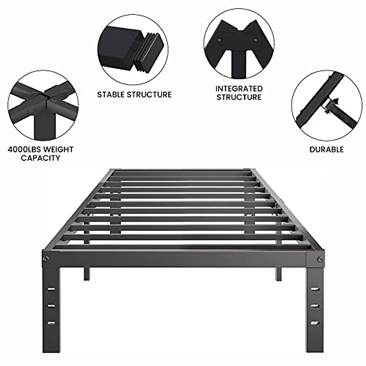 HiBed Twin Metal Platform Bed Frame,14" Low Profile Mattress Foundation, Heavy Duty Steel Slat/Easy Assembly/No Box Spring Needed/Modern Black Finish