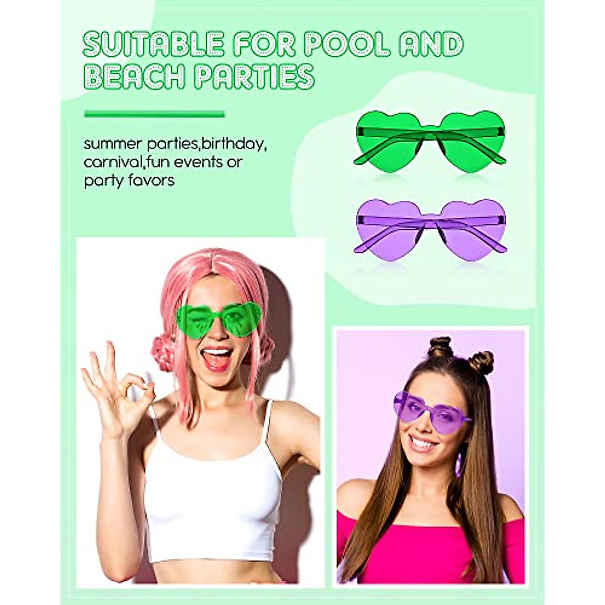 TOODOO 14 Pairs Heart Shaped Sunglasses for Women Rimless Heart Sunglasses Bulk for Party Favors(Red, Blue, Purple, Yellow, Green)
