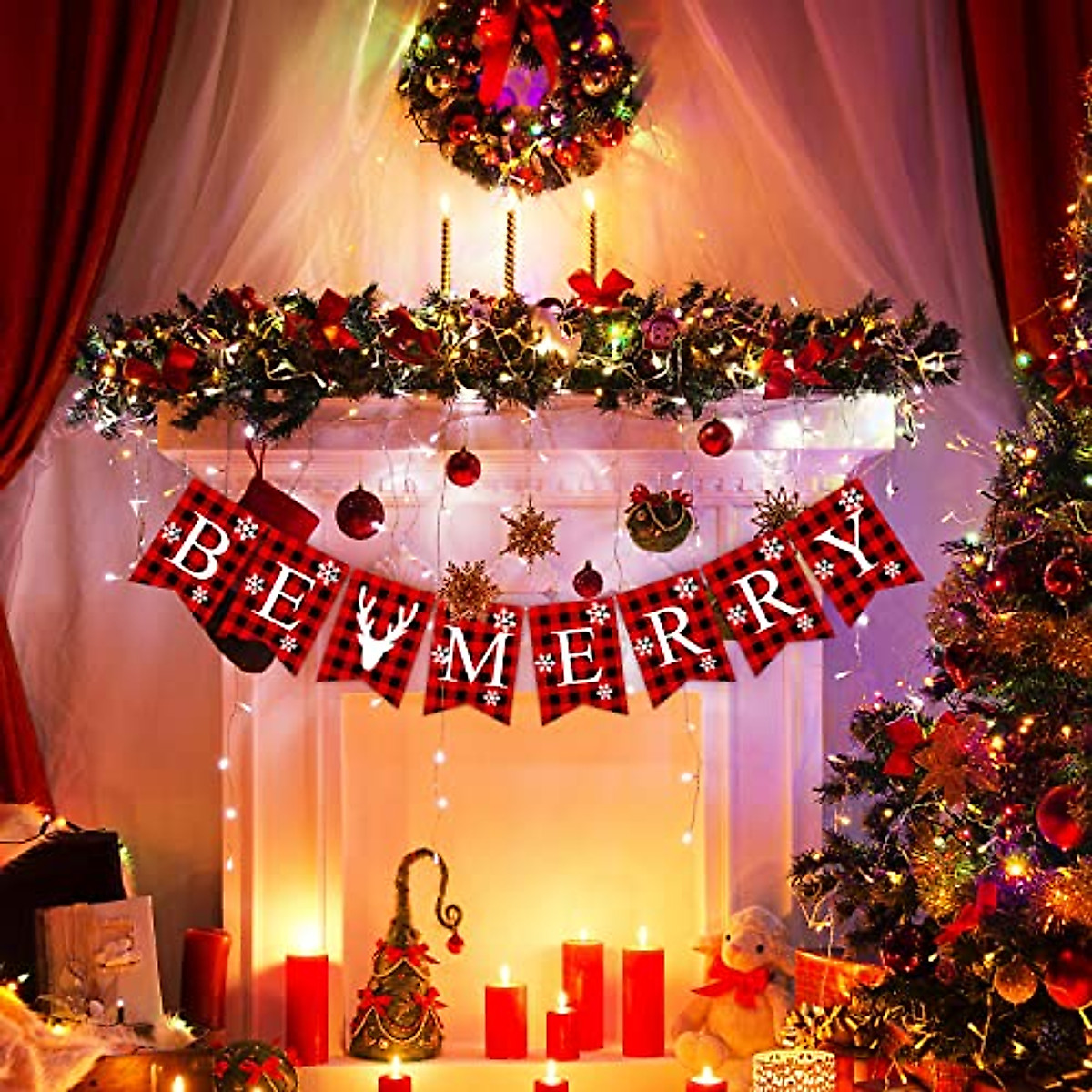 Plaid Be Merry Banner Burlap Christmas Rustic Bunting Banner for Christmas Hanging Decorations