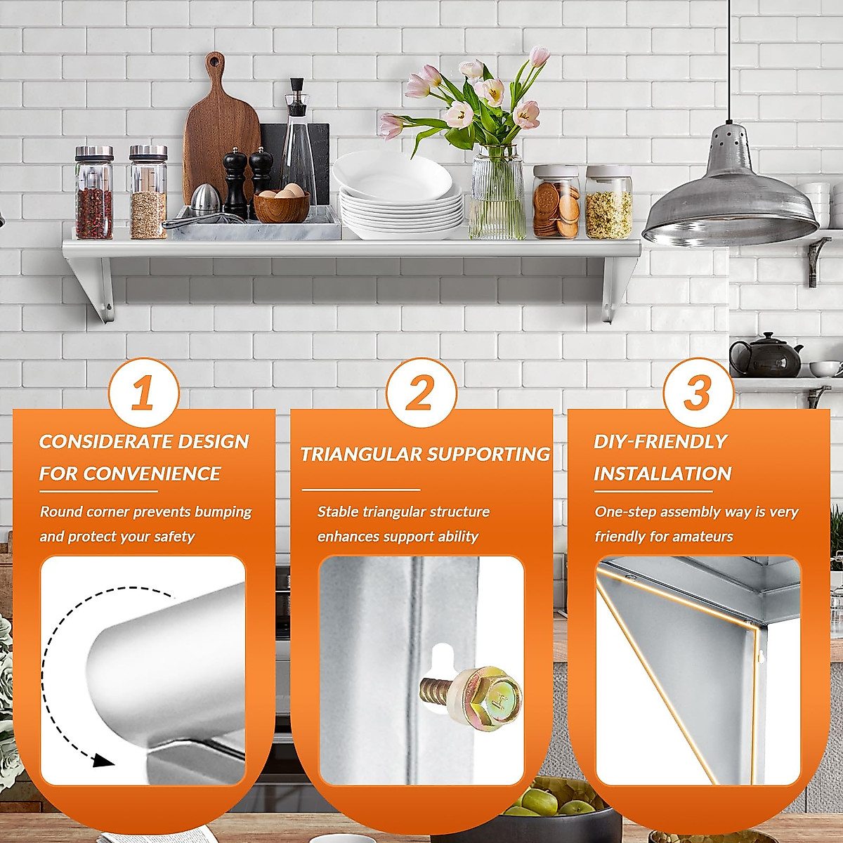 HOCCOT Commercial Stainless Steel Shelf 12 x 48” 2 Pack, Wall Mounted Food Service Storage Rack Shelves, Heavy Duty 300 lb Metal Shelf for Kitchen, Restaurant, Food Truck, Garage, Laundry Room