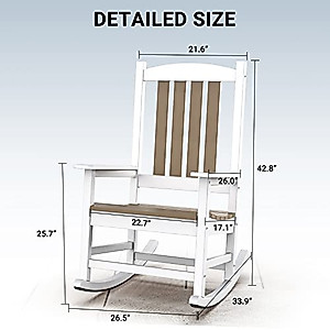 OTSUN Outdoor Rocking Chair, Patio Rocker Chair with High Back, All Weather Resistant Fade-Resistant Front Porch Rocking Chair, Stable Smooth Wood Rocker for Balcony, Yard (White & Brown)