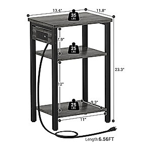 Cyclysio End Table Set of 2 with Charging Station, 3 Tier Small Nightstand with Storage Shelf, Slim Side Table with USB Ports & Outlets, Modern Sofa Bedside Table for Bedroom, Living Room, Gray Oak