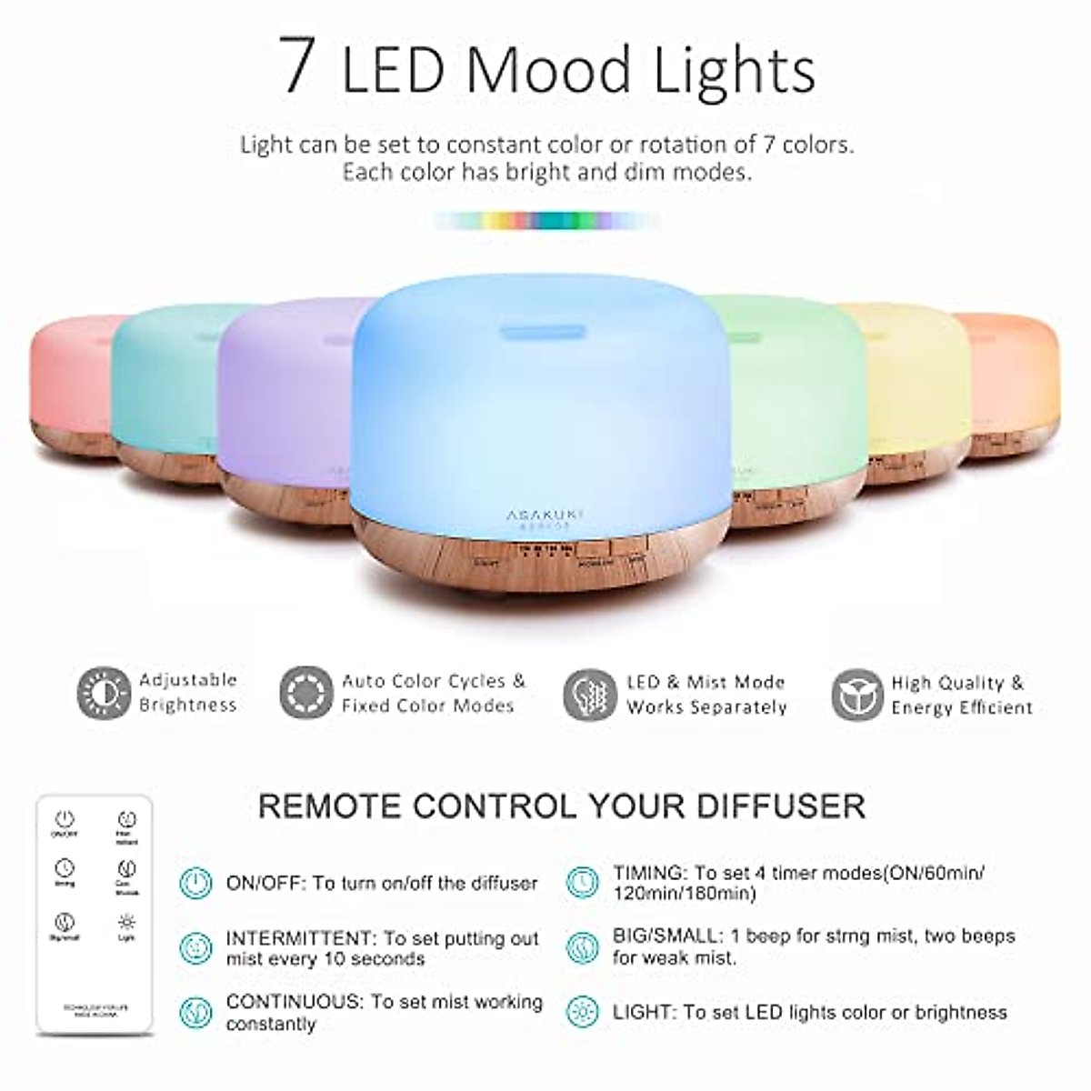 ASAKUKI 500ml Premium, Essential Oil Diffuser with Remote Control, 5 in 1 Ultrasonic Aromatherapy Fragrant Oil Humidifier Vaporizer, Timer and Auto-Off Safety Switch