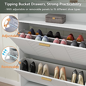 Auromie Shoe Cabinet, Freestanding Tipping Bucket Shoe Storage Cabinet with 2 Flip Drawers, Modern Entryway Shoe Rack with Storage Top Cubby, Narrow Slim Hidden Shoe Organizer with Doors (White)