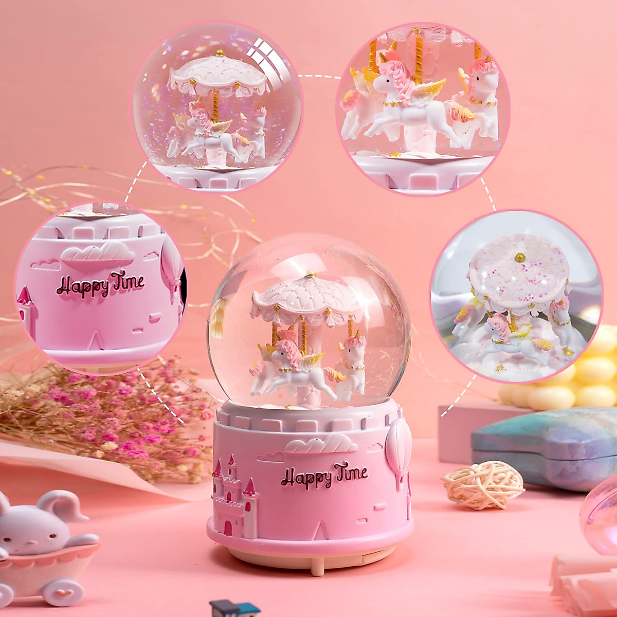 Unicorn Musical Snow Globe for Kids Girls Carousel Music Box with 7 Led Lights Swirling Glitter for Birthday Valentines