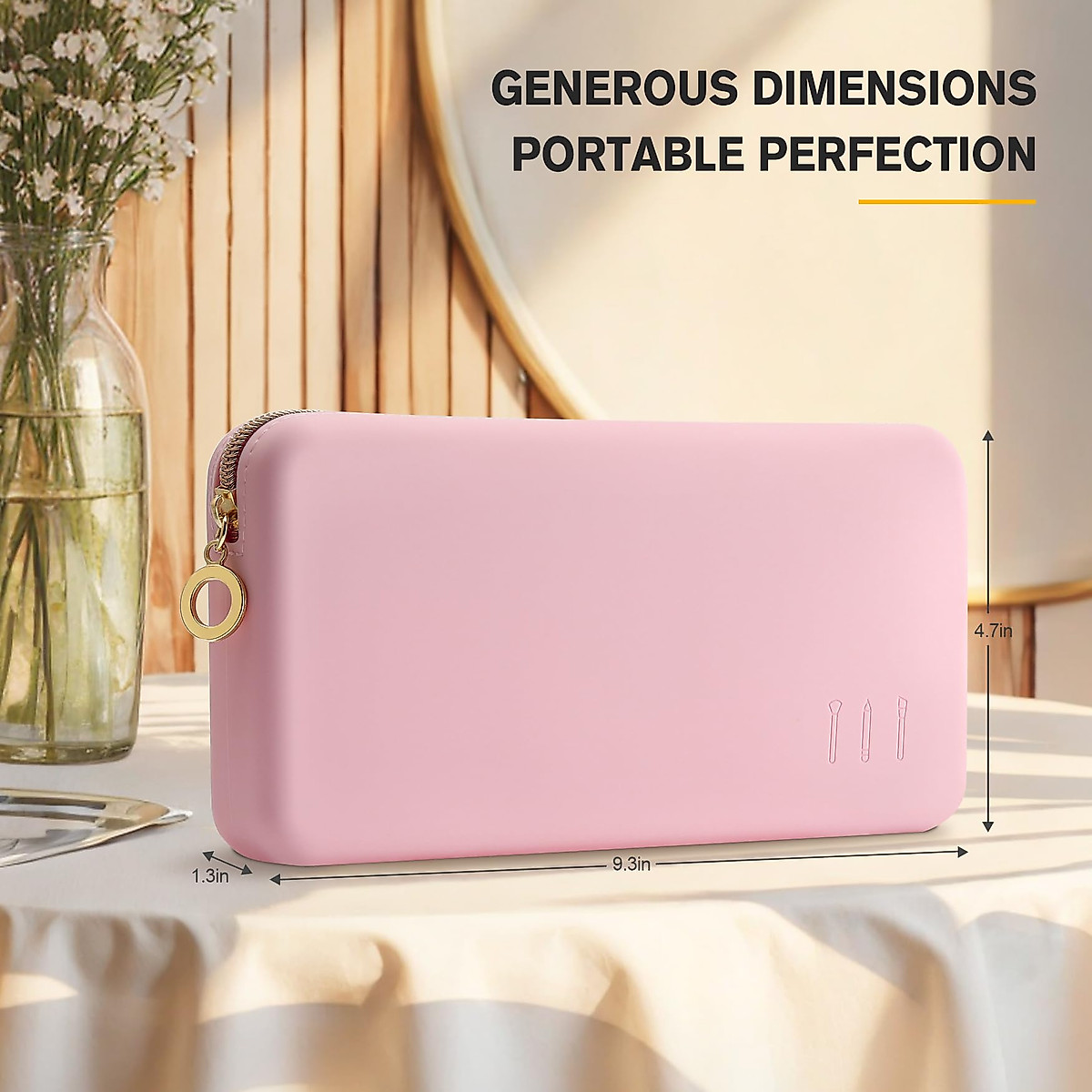 BEZOX Stylish Silicone Makeup Brush Bag - Travel Makeup Brush Holder, Portable Cosmetic Bag Zipper Pouch, Silicon Toiletry Bag Case - Pink