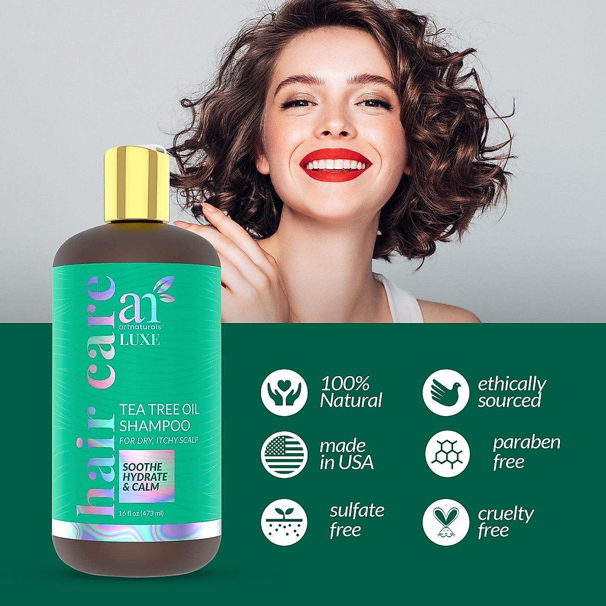 Artnaturals LUXE Tea Tree Shampoo - (16 Fl Oz / 473ml) - Sulfate Free – Made with 100% Pure Therapeutic Grade Tea Tree Essential Oil for Dandruff and Itchy Scalp