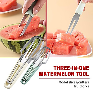 3 in 1 Watermelon Fork Slicer Cutter, 2024 New Summer Watermelon Cutting Tool, Stainless Steel Watermelon Popsicle Cutter Melon Cutter Knife Portability Fruit Fork for Kitchen Gadgets (Green)