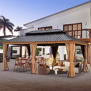 Evedy 12 x 20 Gazebo, Outdoor Wood Grain Aluminum Gazebo with Galvanized Steel, Hardtop Gazebo Patio Double Roof Permanent Metal Gazebo Canopy with Netting and Curtains for Backyard, Patio, Deck